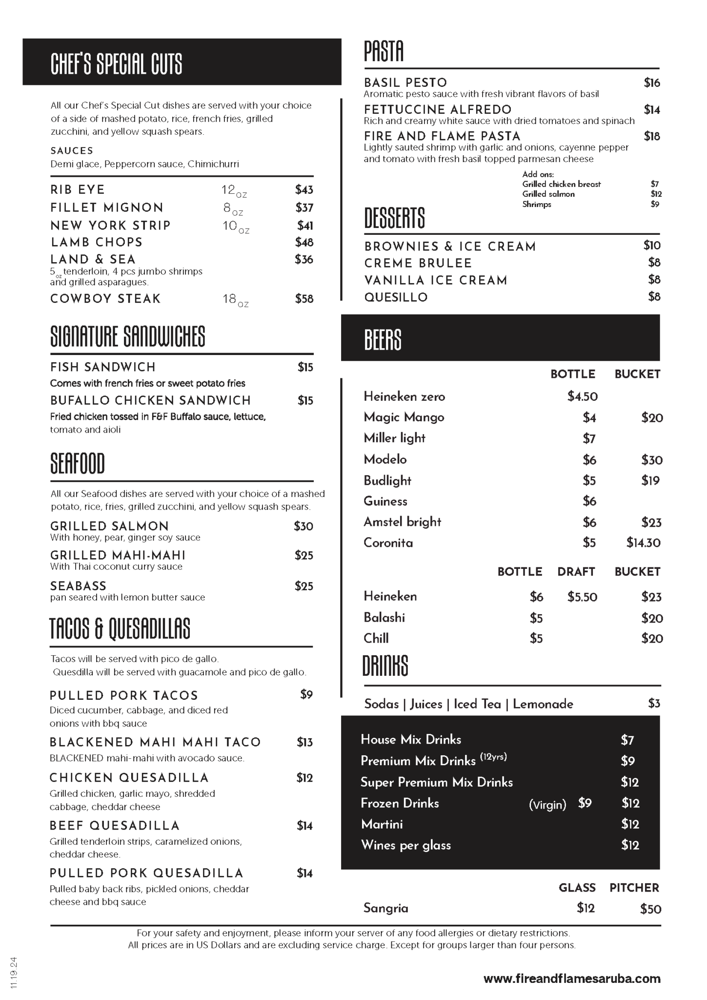 MENU – https://www.fireandflamesaruba.com
